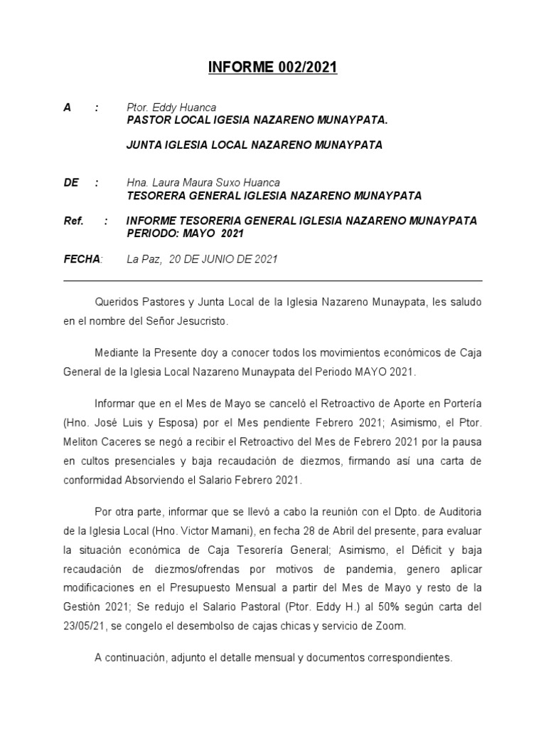 Informe Mensual de Tesoreria Mayo 2021 | PDF