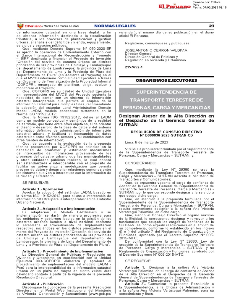 Designan Asesor de la Alta Dirección en el Despacho de la Gerencia General de SUTRAN | PDF ...