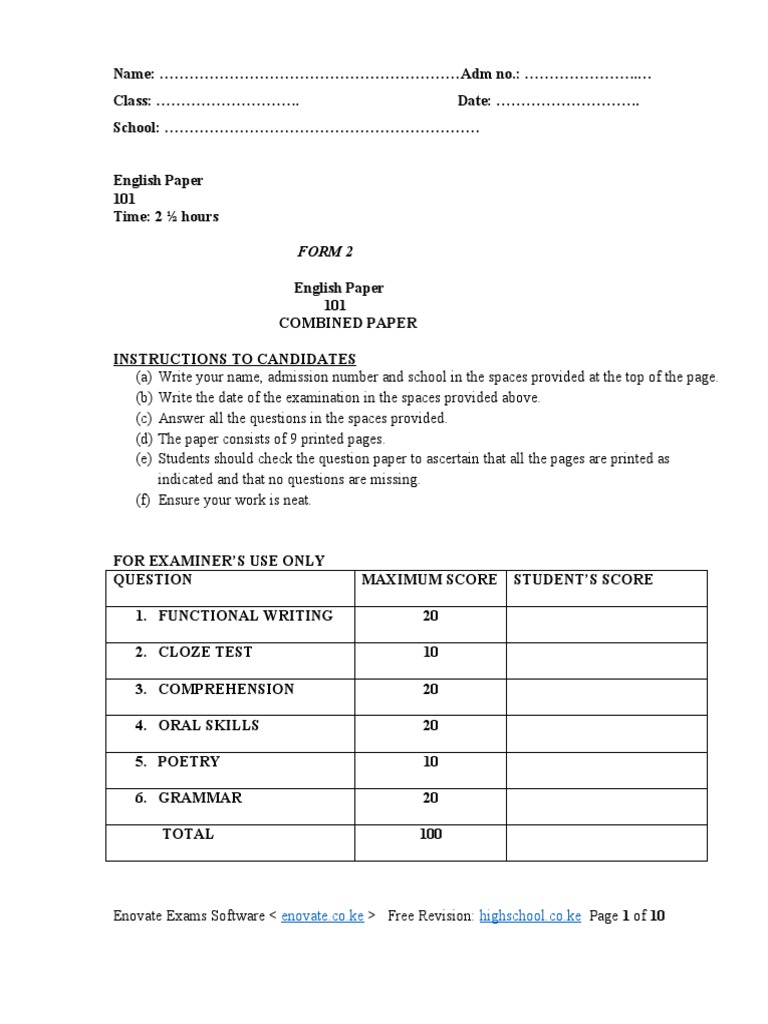 Form 2 English Exam Paper 101 | PDF | Disciplines | Teachers