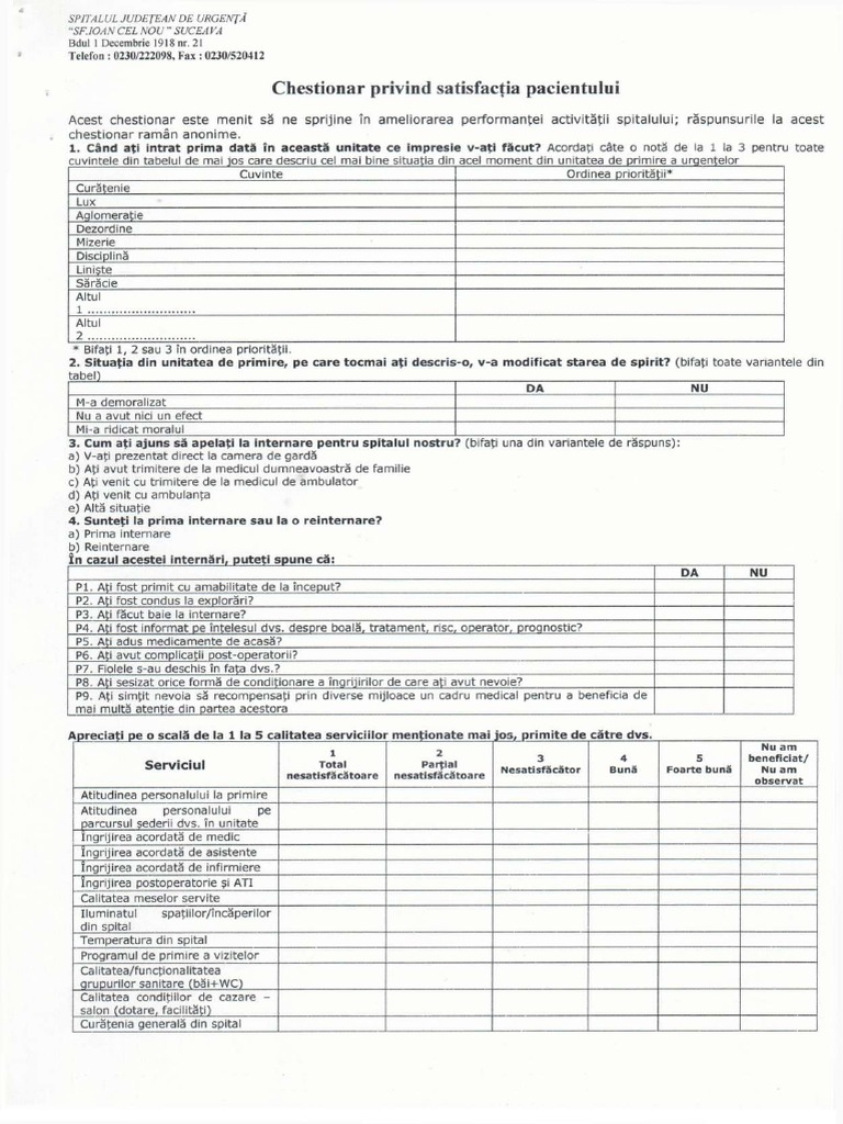 spital SV Chestionar pacienti | PDF