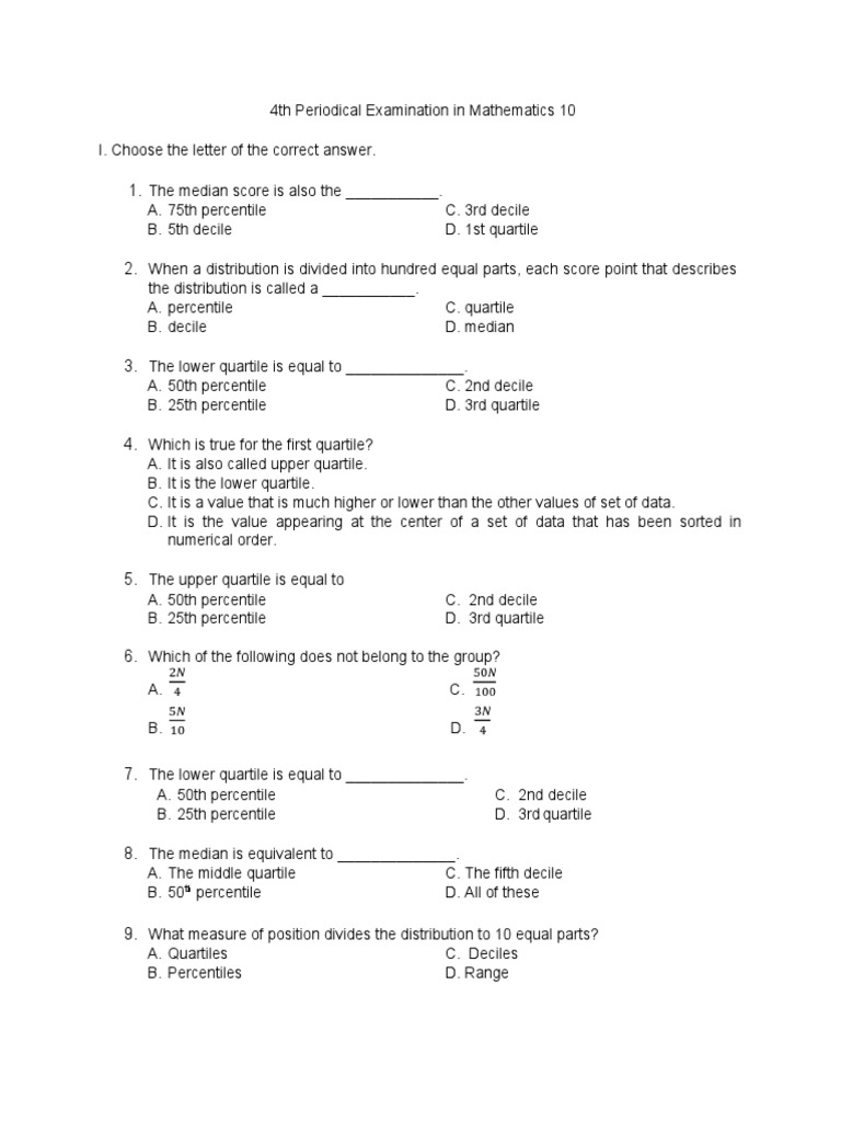 4th Periodical Examination in Mathematics 10 | PDF | Percentile | Median