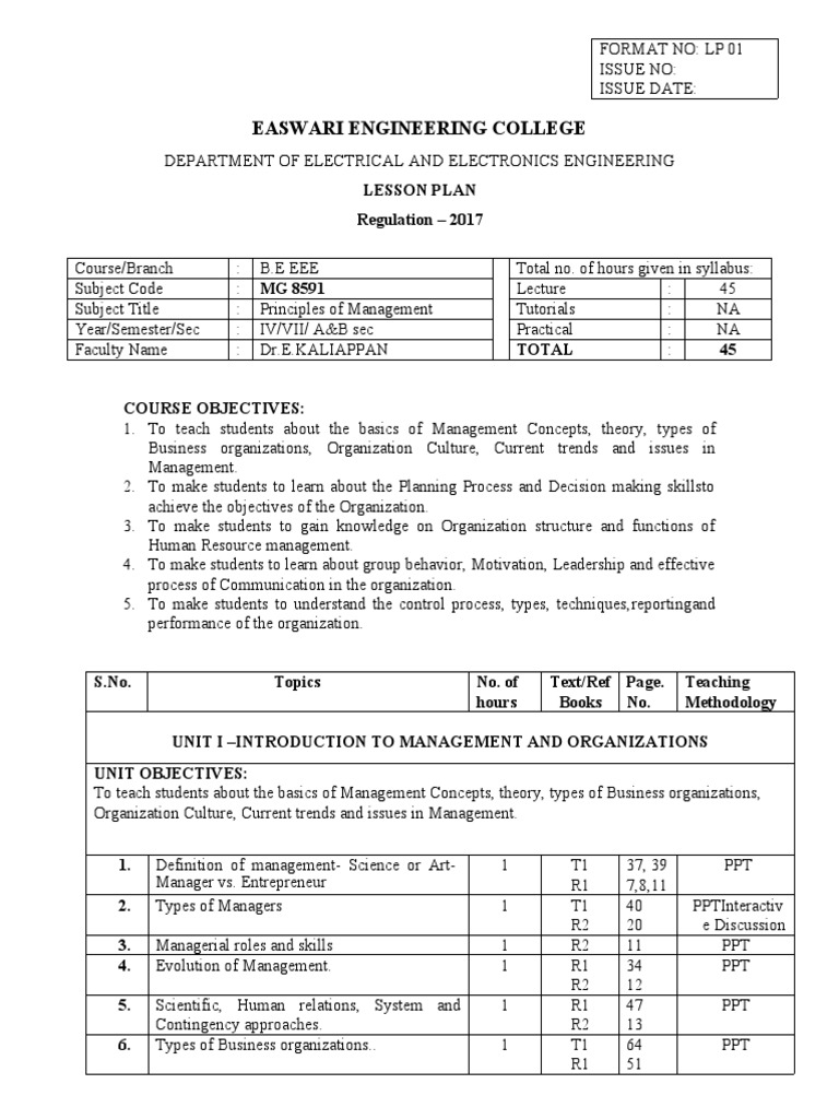 Department of Electrical and Electronics Engineering Lesson Plan on ...