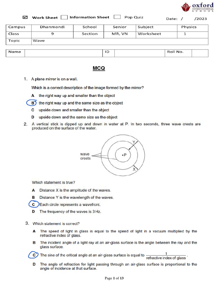 MCQ and Theory Questions on Waves and Optics | PDF