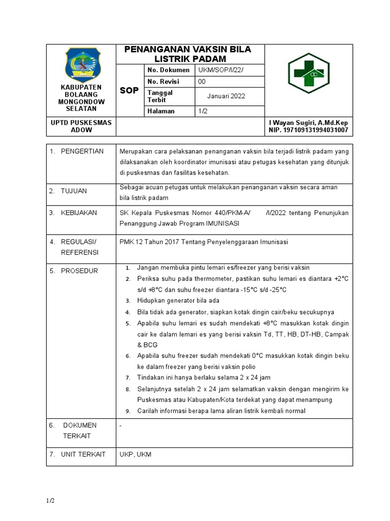 Contoh SOP PENANGANAN VAKSIN BILA LISTRIK PADAM | PDF