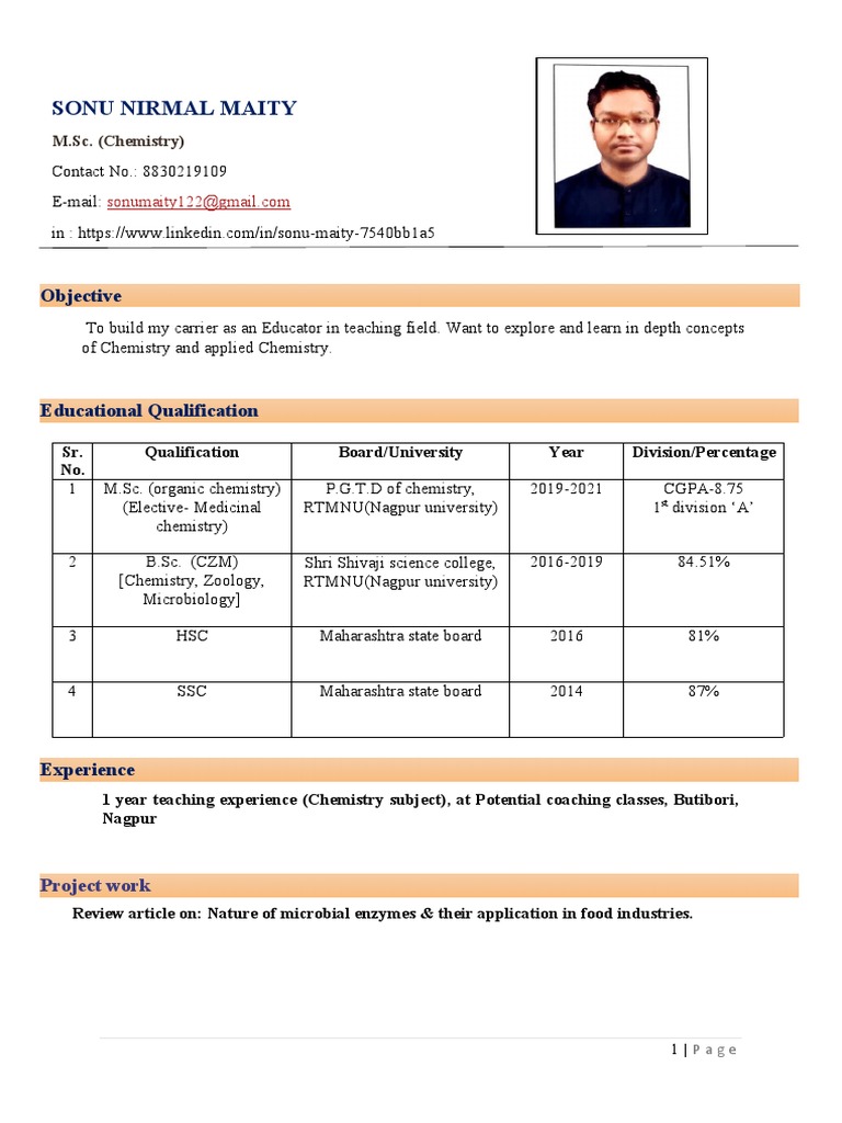 Sonu RESUME-2 | PDF | Science | Chemistry
