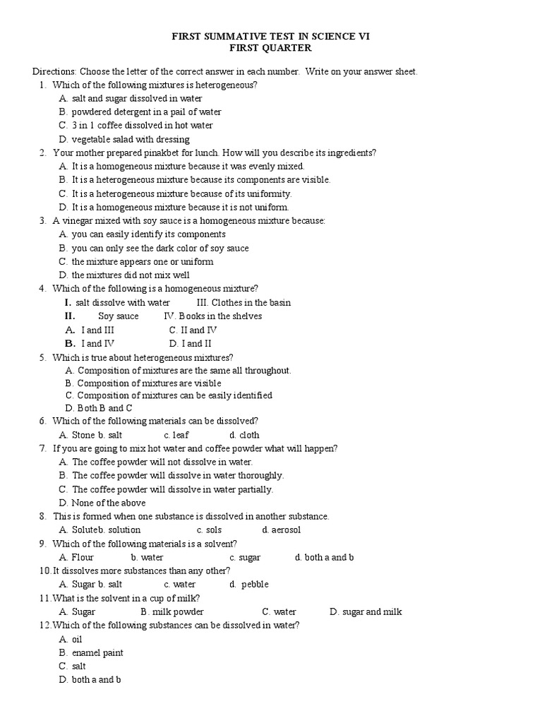 First Summative Test in Science Vi | PDF | Mixture | Solubility