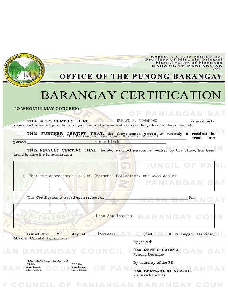 Barangay Certfication of Income | PDF