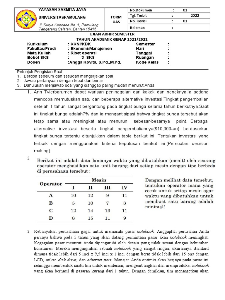 SOAL UAS Riset Operasi | PDF