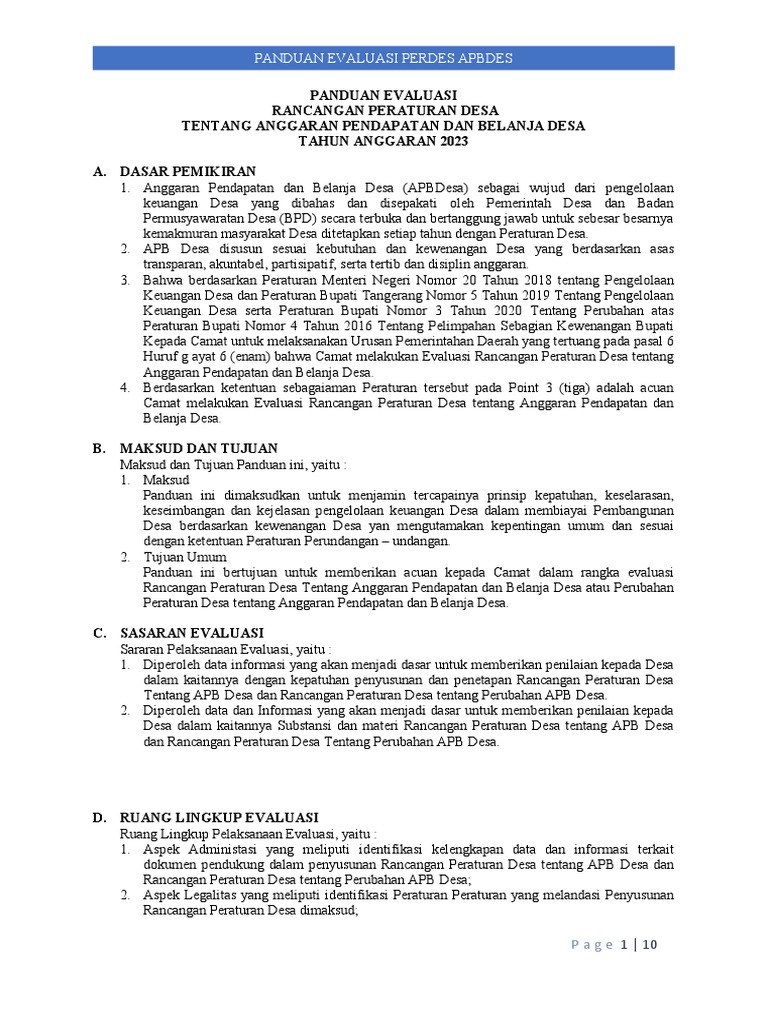 Panduan Evaluasi Perdes Apbdes - 2023 | PDF