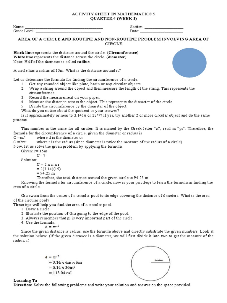 Q4-Week 1 MATH5 | PDF | Area | Circle