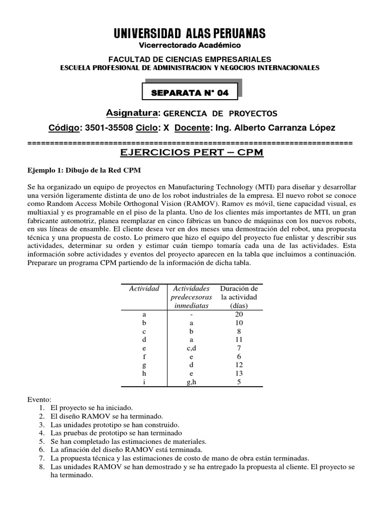 UAP-Gerencia de Proyectos-SEPARATA #04 PERT CPM Ejercicios | PDF | Gestión de proyectos | Proyectos