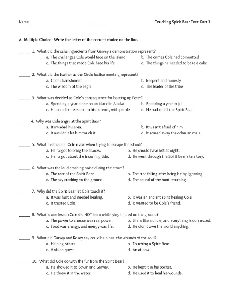 Touching Spirit Bear Test: Part 1 A. Multiple Choice - Write The Letter ...