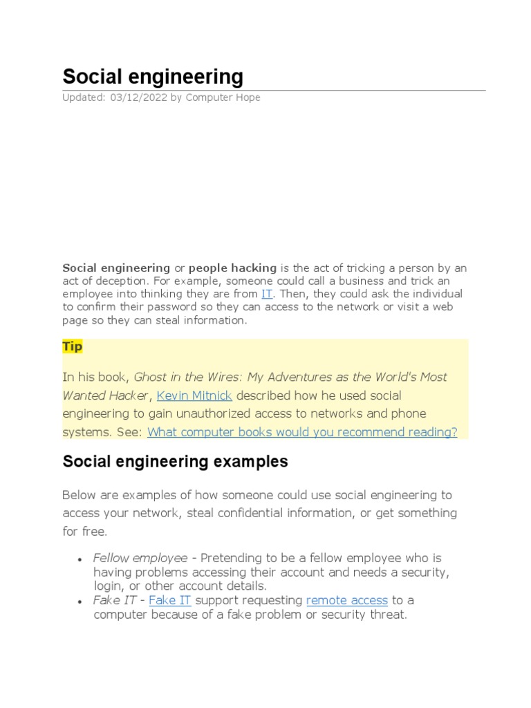 Social Engineering | PDF | Social Engineering (Security) | Computer ...