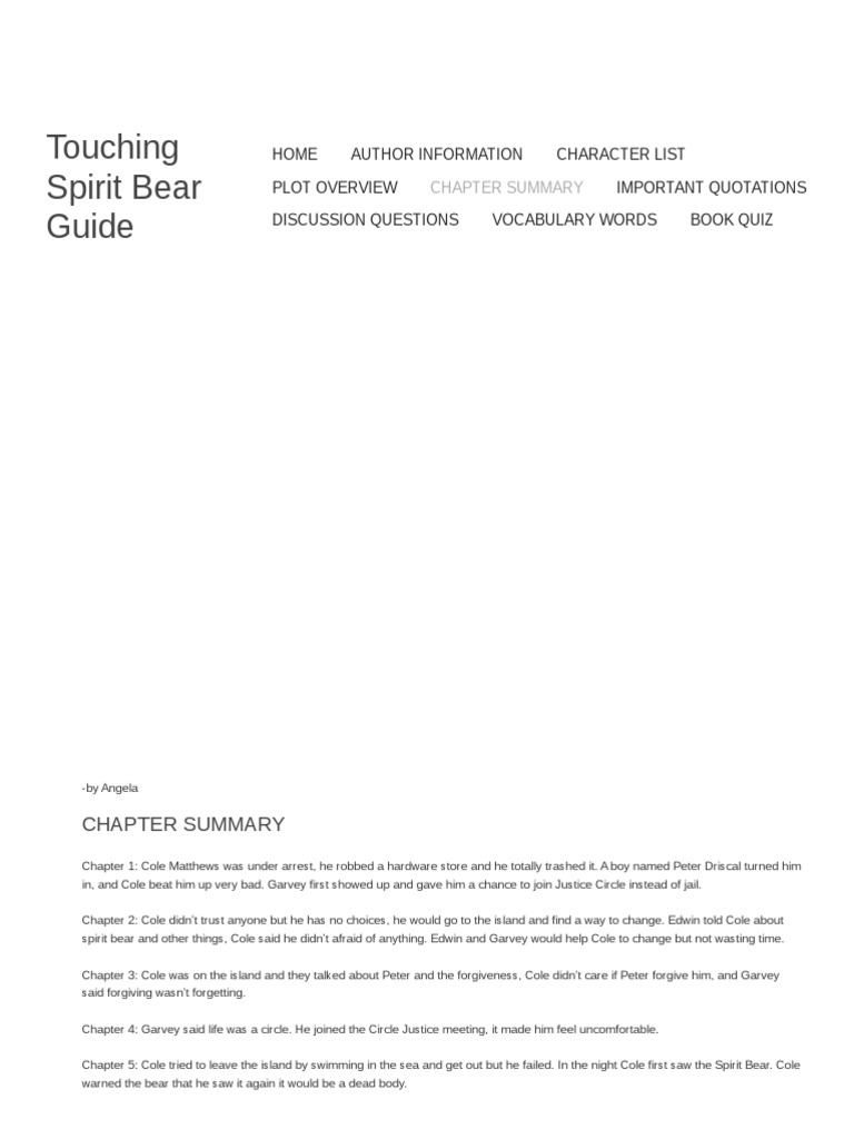 Chapter Summary - Touching Spirit Bear Guide | PDF
