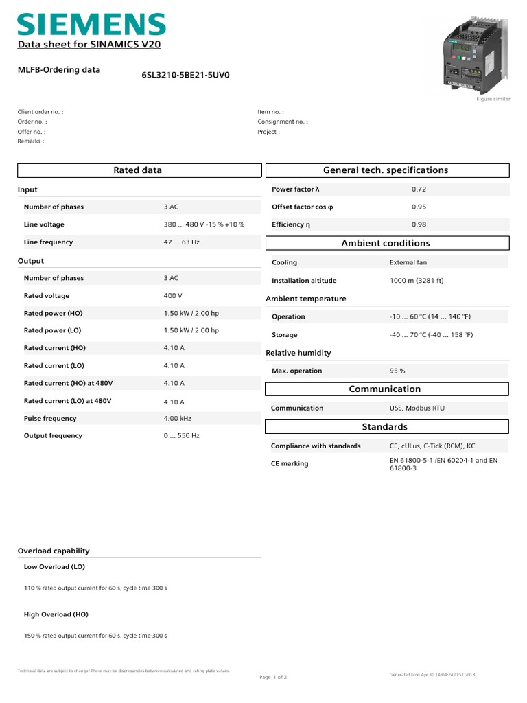 6SL3210-5BE21-5UV0 Datasheet en | PDF | Alternating Current | Relay