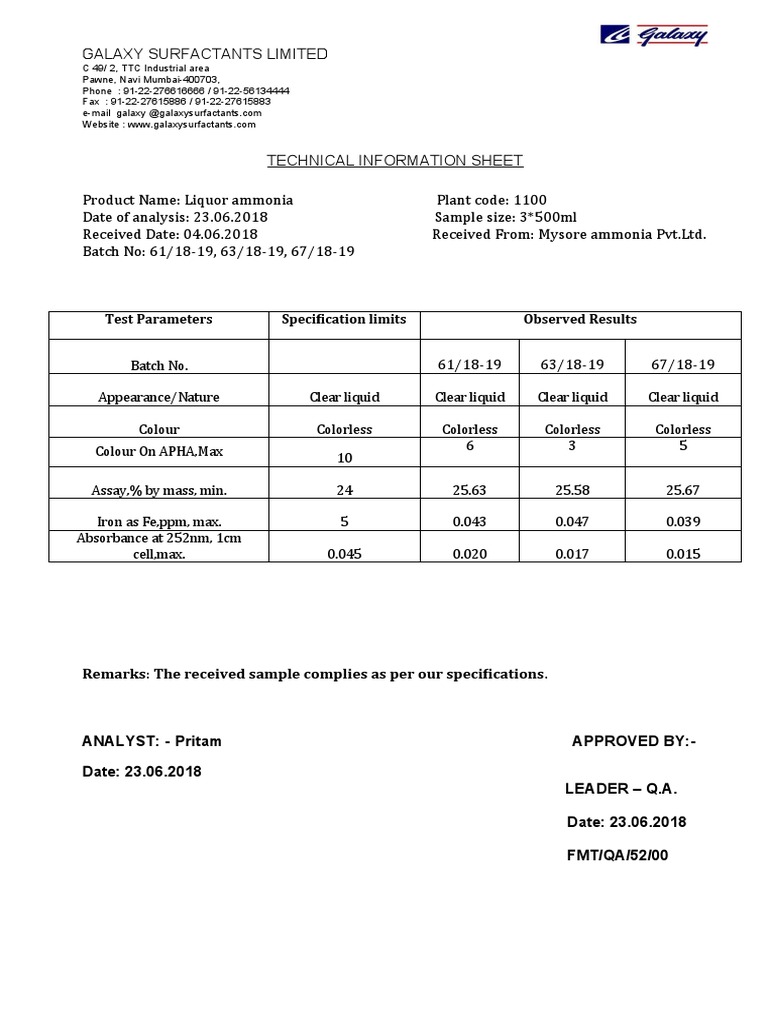 Liquor Ammonia Technical Data Sheet | PDF