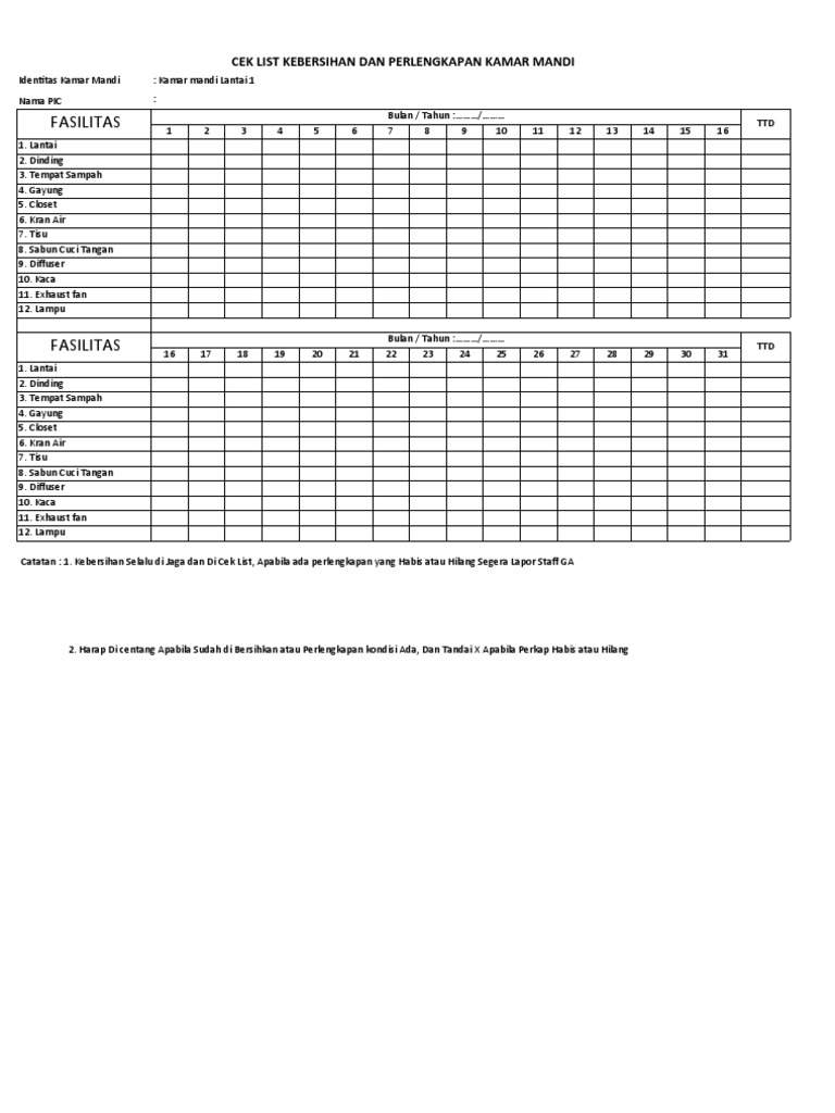 Form Ceklis Toilet | PDF
