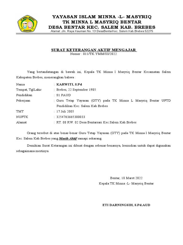 Surat Keterangan Aktif Mengajar TK Minna L Masyriq Bentar | PDF