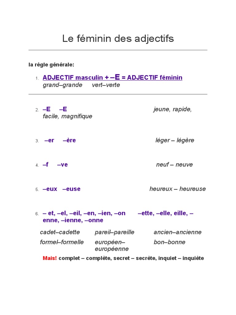 Règles du féminin des adjectifs | PDF