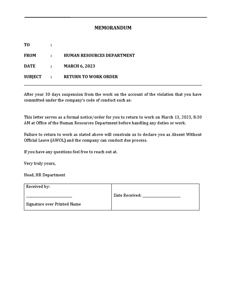 Return to Work Order | PDF