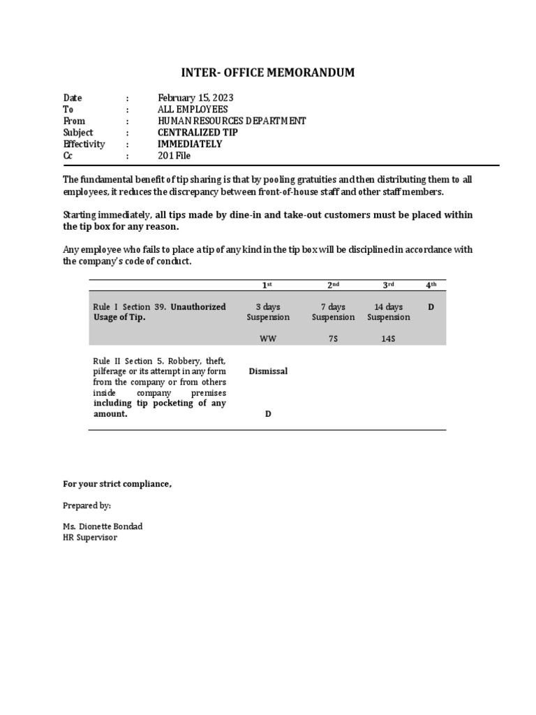 Centralized Tip Policy Implementation | PDF
