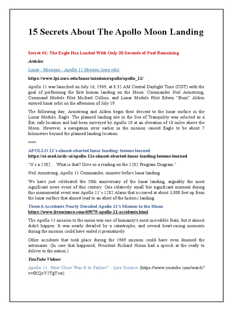 15 Secrets About The Apollo 11 Moon Landing | Download Free PDF | Apollo 11 | Apollo Program