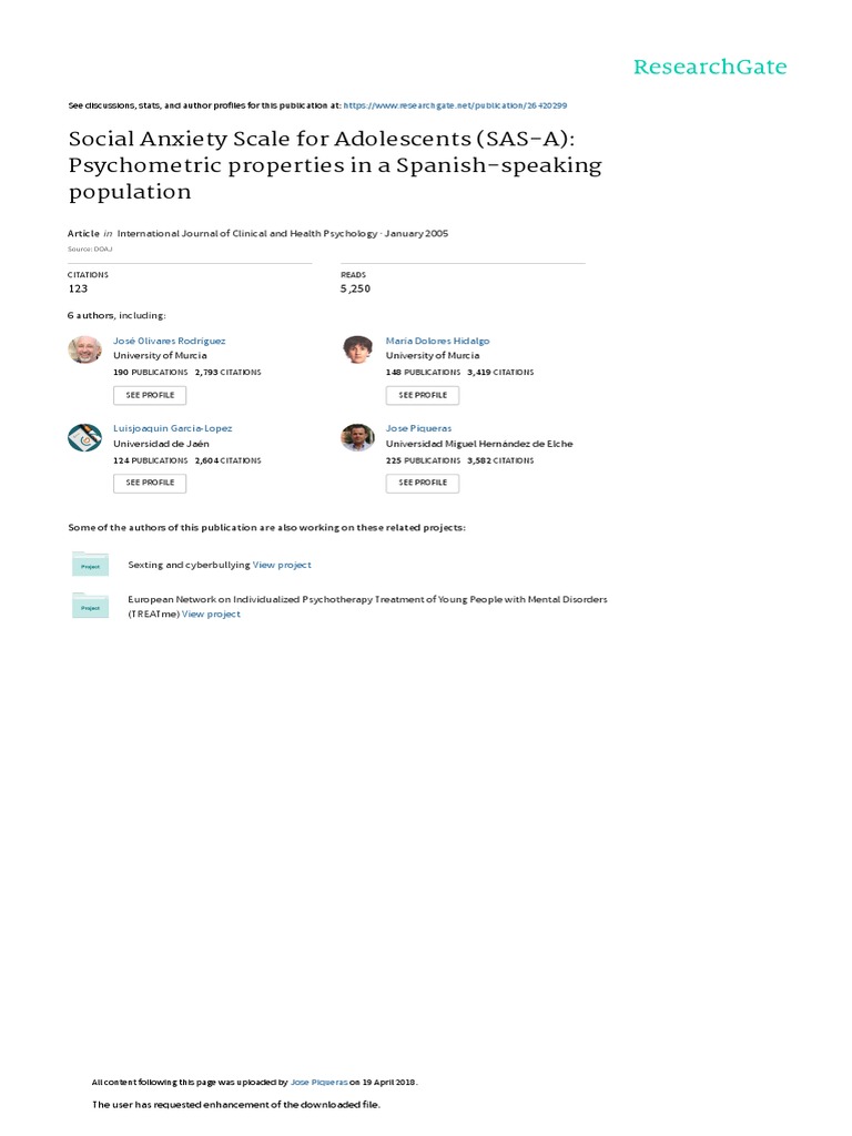 Social Anxiety Scale For Adolescents SAS-A Psychom | PDF | Psychology ...