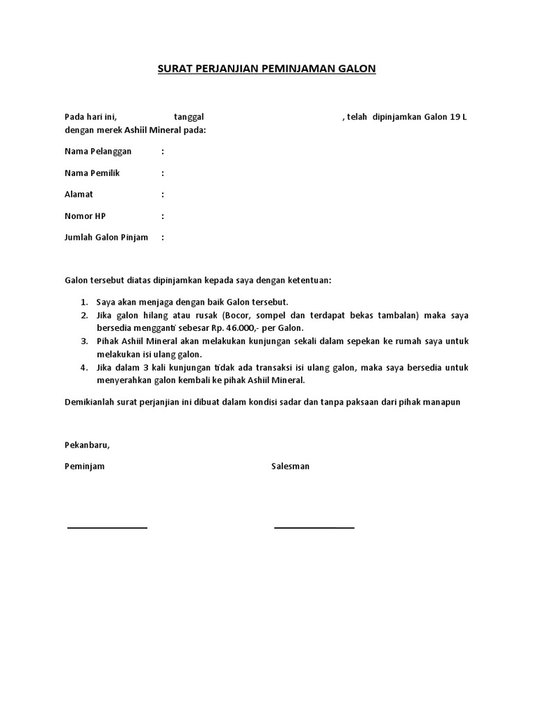 Surat Perjanjian Peminjaman Galon | PDF