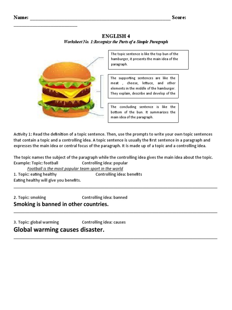 Parts of a Paragraph Worksheet | PDF