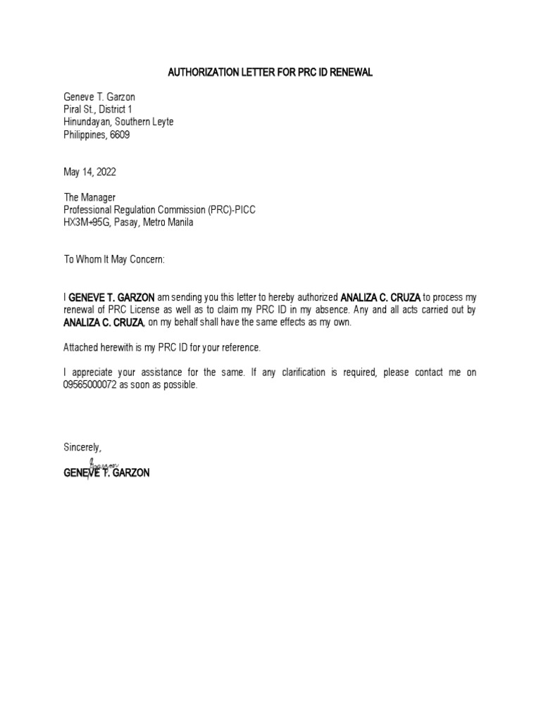 Authorization Letter For PRC Id Renewal | PDF