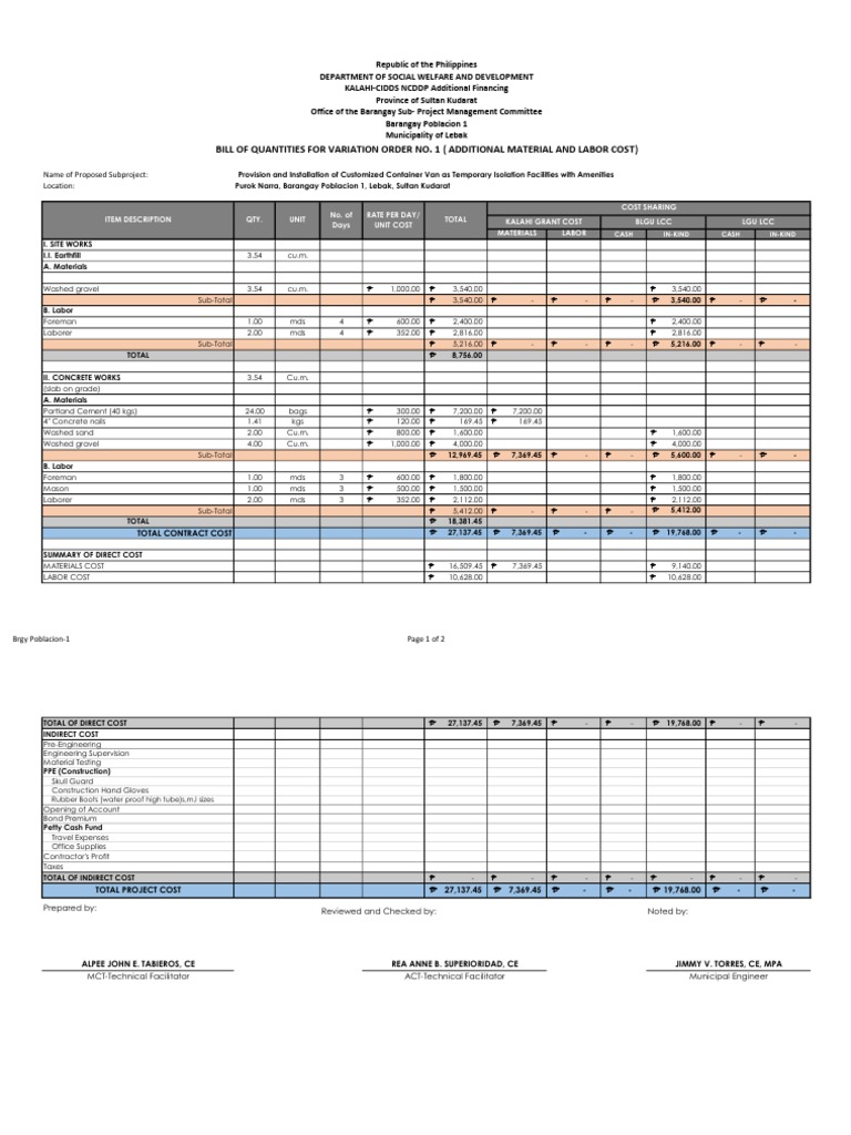 Bill of Quantities For Variation Order No. 1 (Additional Material and ...