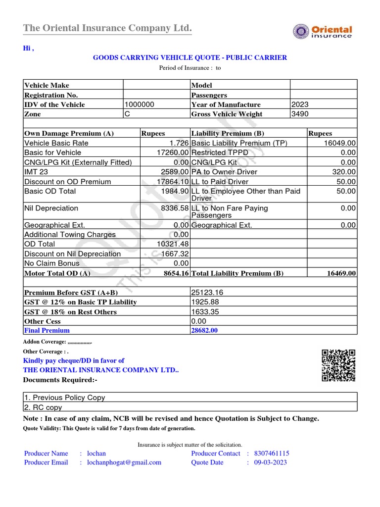 Oriental Insurance public carrier vehicle quote | PDF | Insurance ...