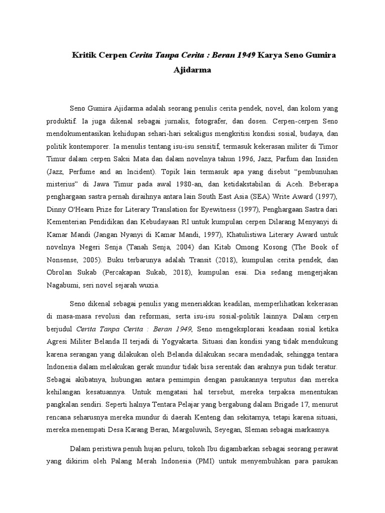 Kritik Cerpen Cerita Tanpa Cerita - Beran 1949 Karya Seno Gumira Ajidarma | PDF