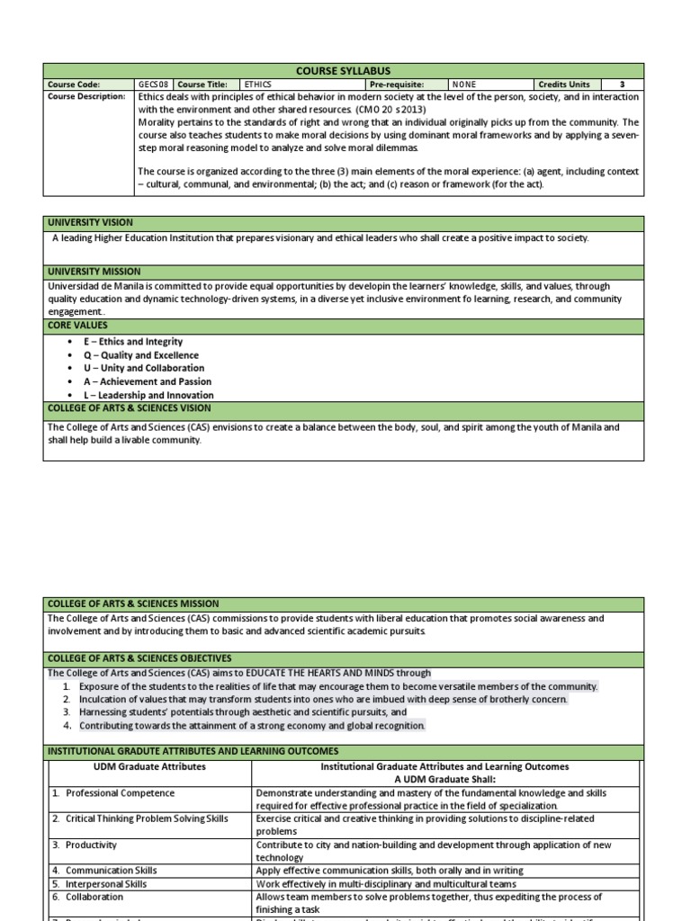 Exploring Ethics: An Analysis of a University Course Syllabus on Ethics ... Exploring Ethics: An Analysis of a University Course Syllabus on Ethics ...