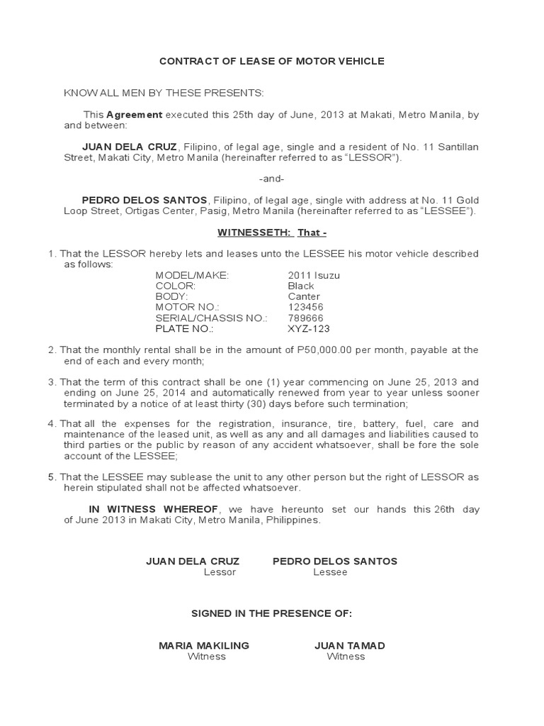 Contract of Lease of Motor Vehicle | PDF | Lease | Makati