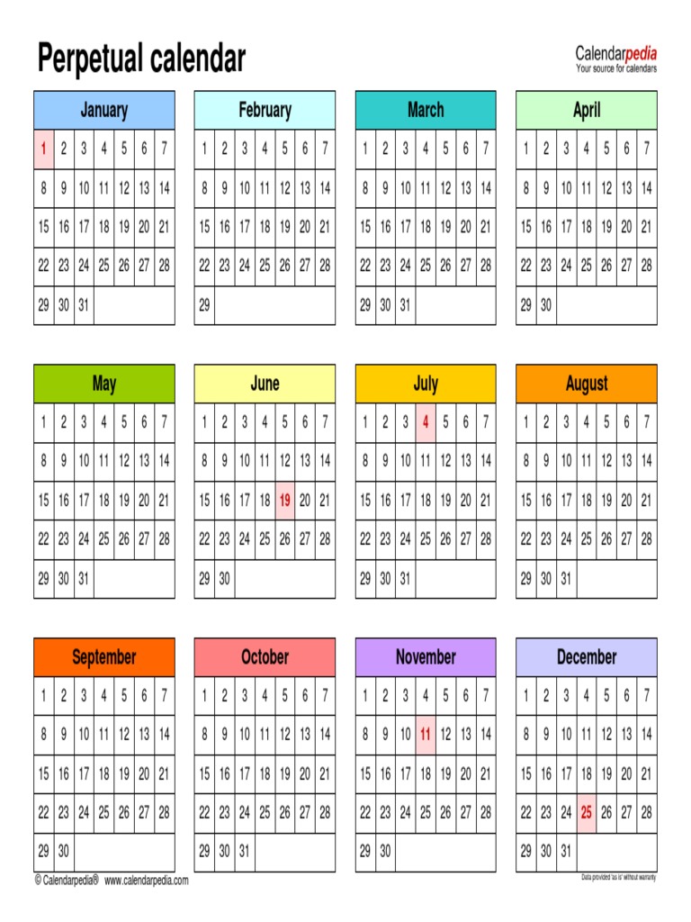 Perpetual Calendar Landscape Year at A Glance | PDF