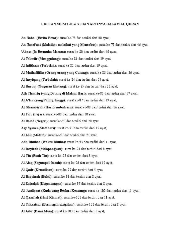 Urutan Surat Juz 30 Dan Artinya Dalam Al Quran | PDF