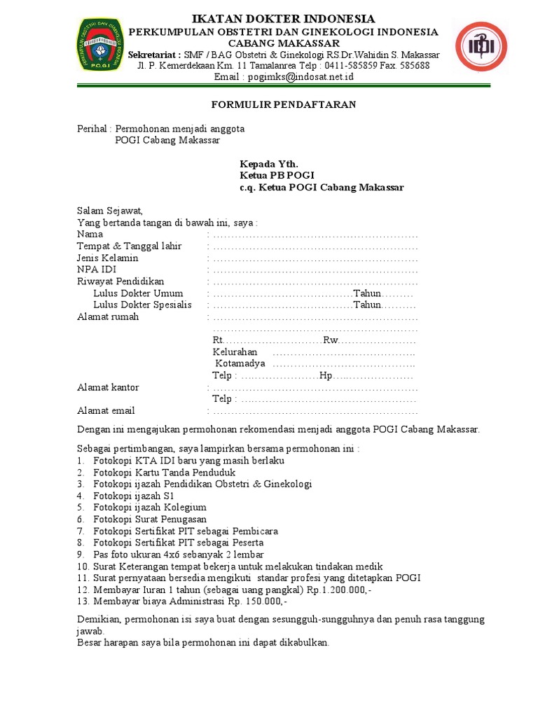 Formulir Pendaftaran Anggota POGI Makassar | PDF