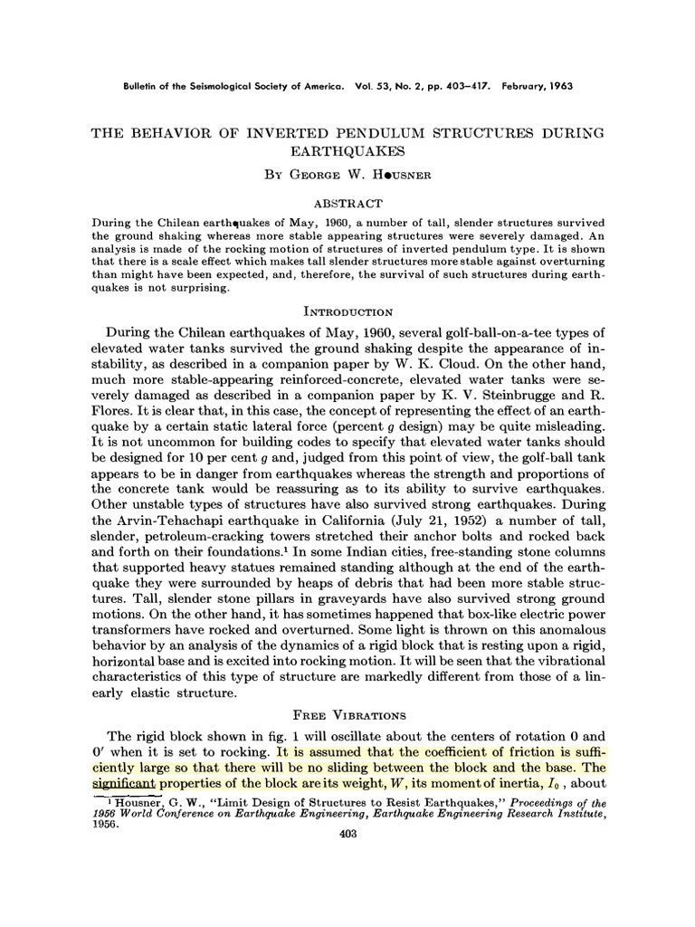 Housner - The Behavior of Inverted Pendulum Structures During Earthquakes-1963 PDF | PDF ...