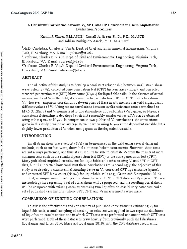 A Consistent Correlation Between V, SPT, and CPT Metrics For Use in Liquefaction Evaluation ...