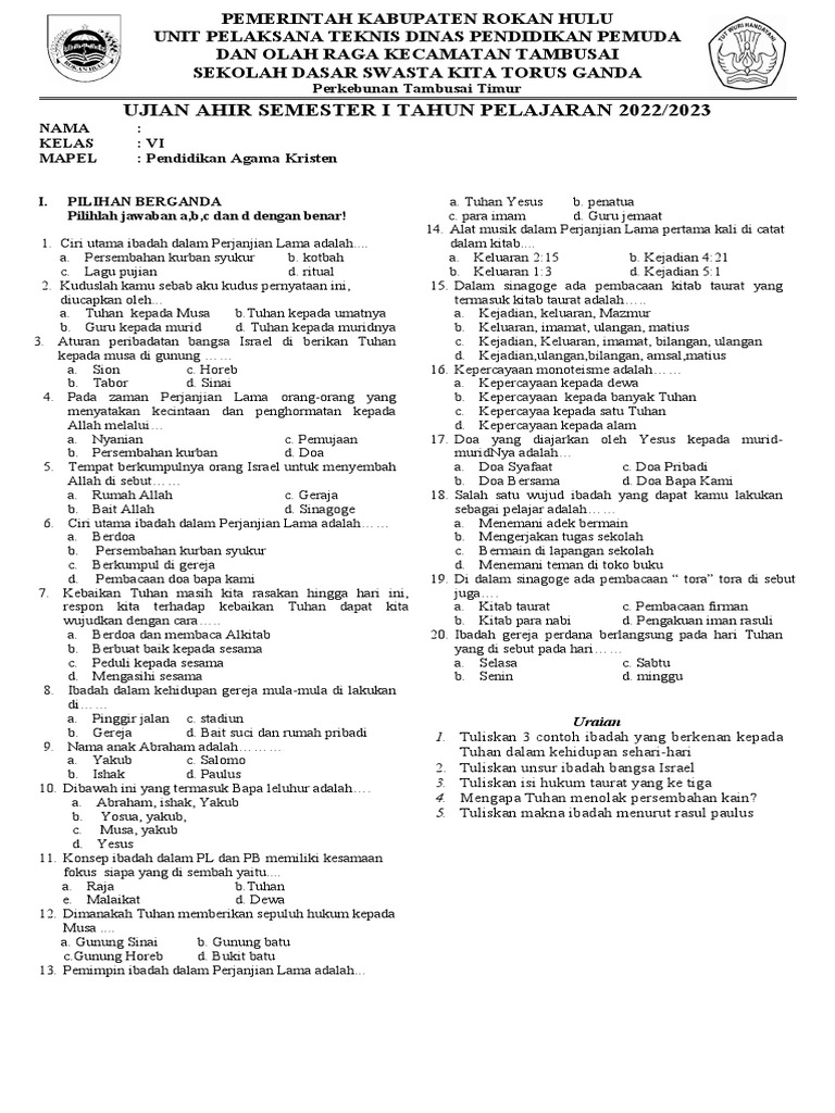 SOAL AGAMA KRISTEN KELAS VI Semester 1 | PDF