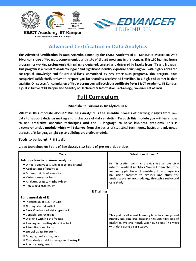 IITK Edvancer Advanced Certification in Data Analytics Curriculum Updated | PDF | Sql | Statistics