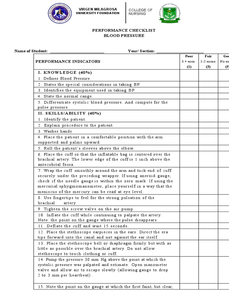 Performance Checklist Blood Pressure | PDF | Circulatory System ...