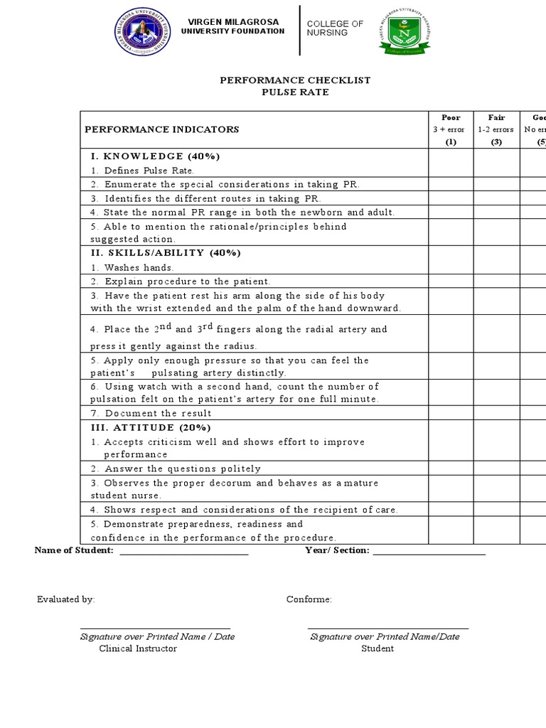 PERFORMANCE CHECKLIST Pulse Rate | PDF