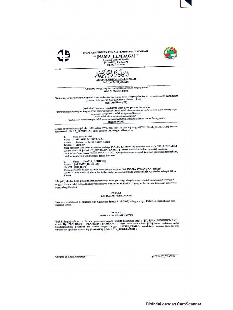 Contoh Format Baku Ijarah (Hukum Kontrak Bisnis Syariah) Ahmad Baihaqi Arafat - 102200115 - SMF ...