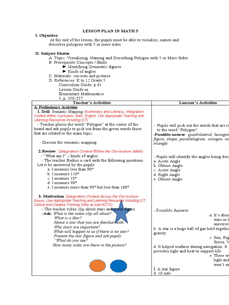 Cot 3q Polygon Lesson Plan in Math 5 | PDF | Polygon | Curriculum
