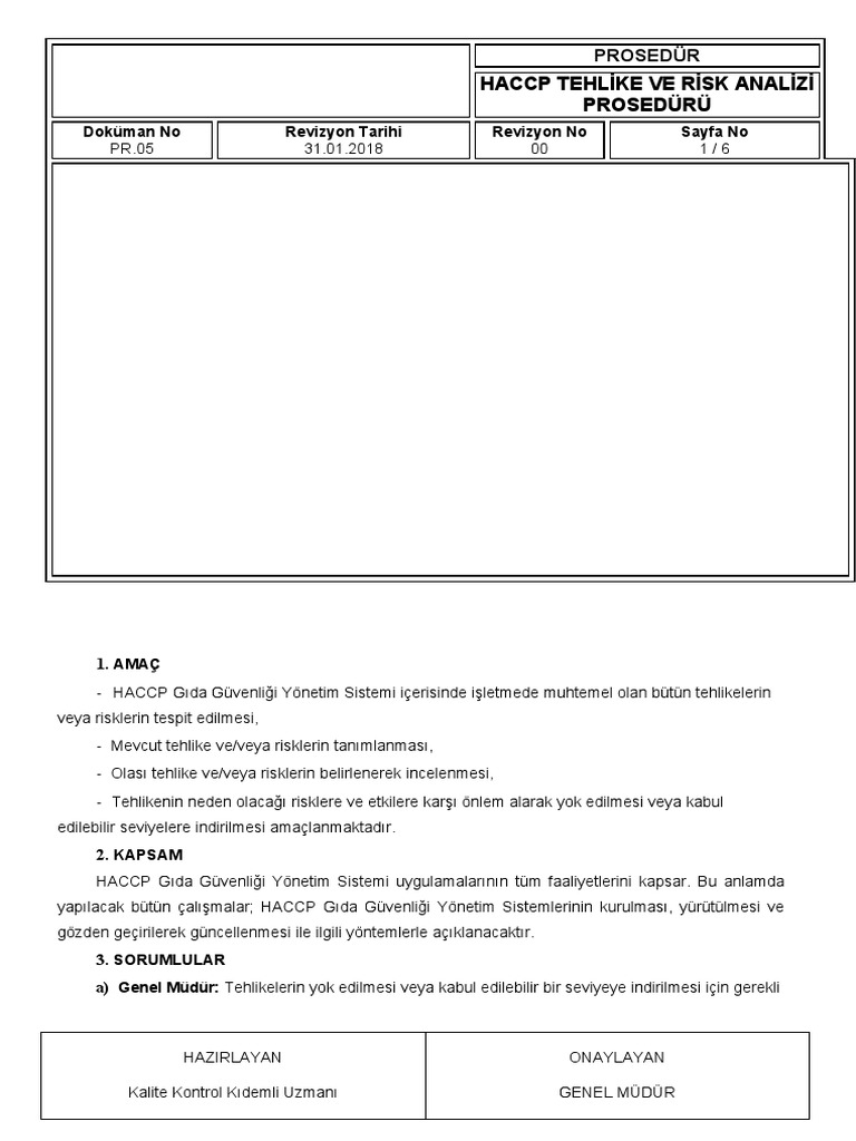 PR.05 HACCP Tehlike Ve Risk Analizi Prosedürü. Rev.00 | PDF