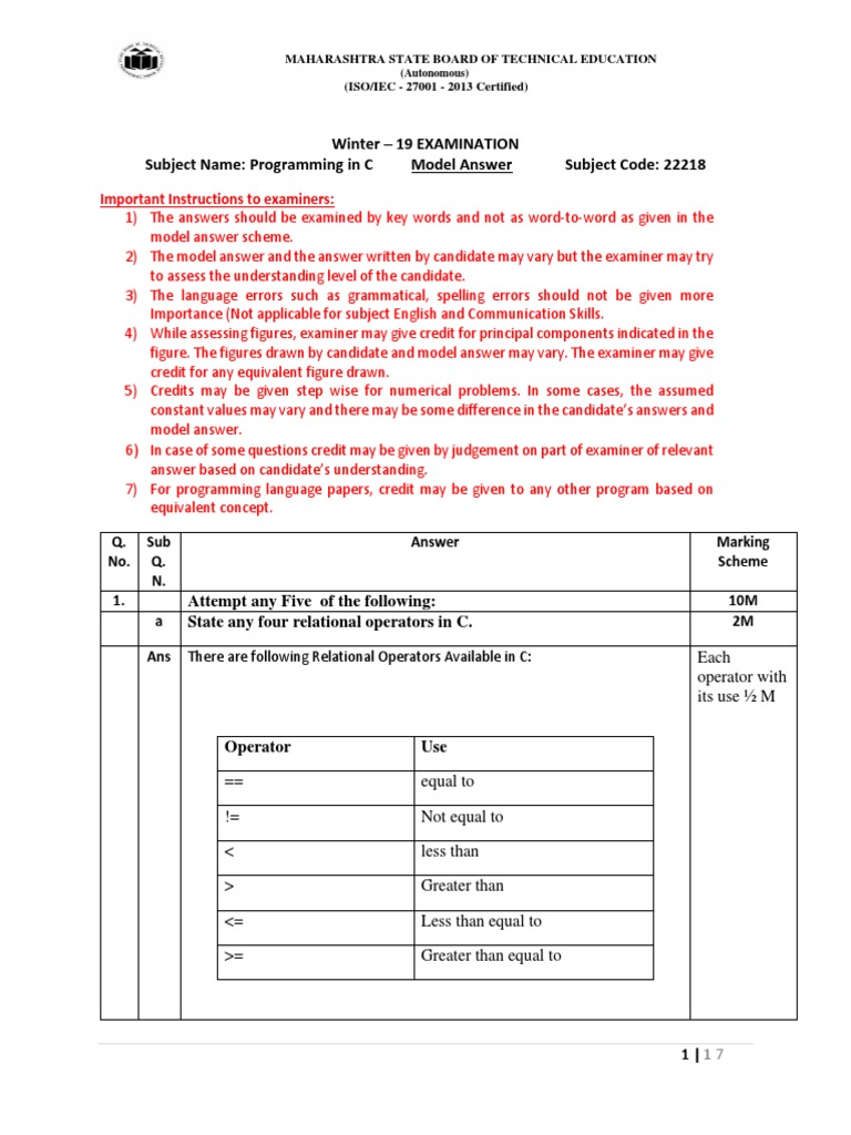 Model Answer Winter 2019 | PDF | Pointer (Computer Programming) | C (Programming Language)