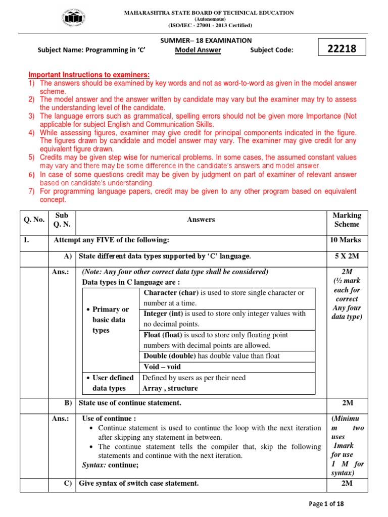 Programming In C Summer 2018 Answer Paper Pdf Pointer Computer 0023