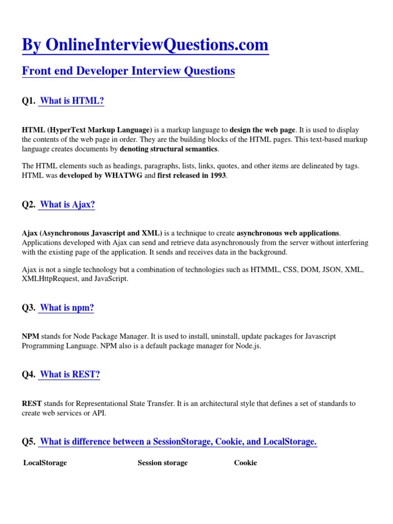 Front End Developer Interview Questions | PDF | Ajax (Programming) | Html Front End Developer Interview Questions | PDF | Ajax (Programming) | Html